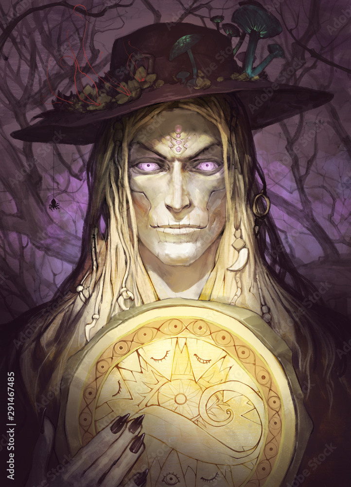 Fantasy portrait illustration of a weird and sinister male shaman with ...