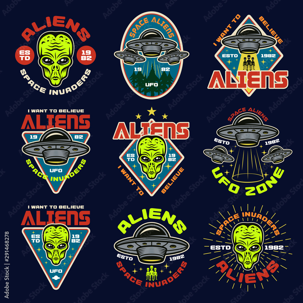Aliens and ufo set of nine vector colored emblems Stock Vector | Adobe ...
