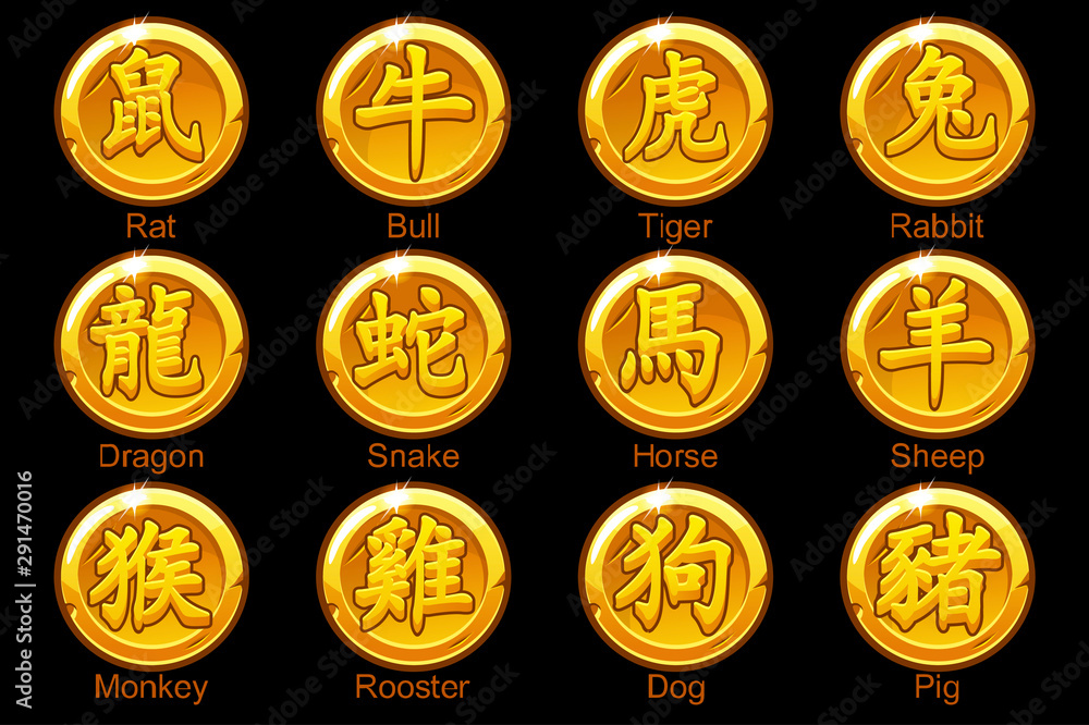 Chinese Zodiac signs hieroglyphs on gold coins. Rat, bull, tiger ...