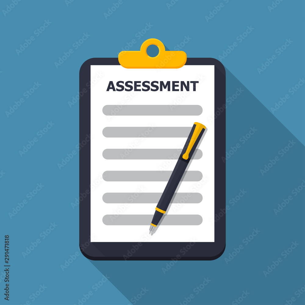 Assessment document in clipboard with pen in a flat design with long ...
