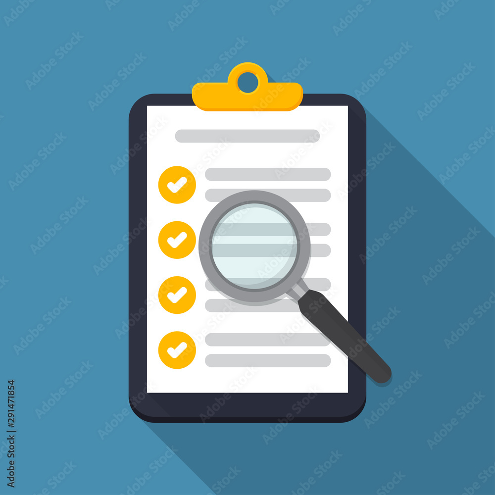 Audit concept with checklist and magnifier glass in a flat design with ...