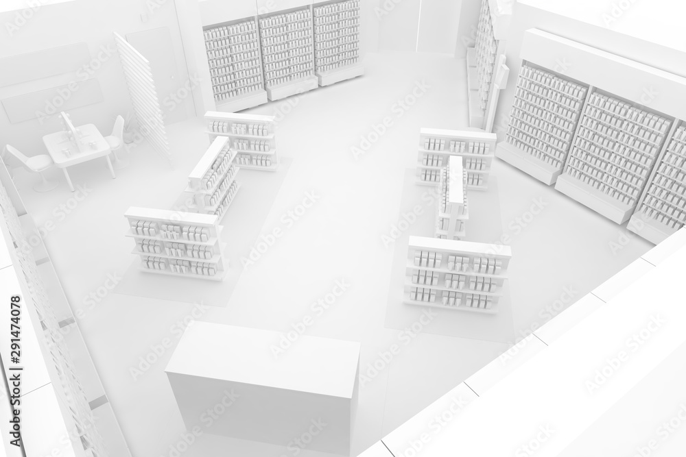 3D Illustration Rendering. Clean Pharmacy views on white backgorund for ...