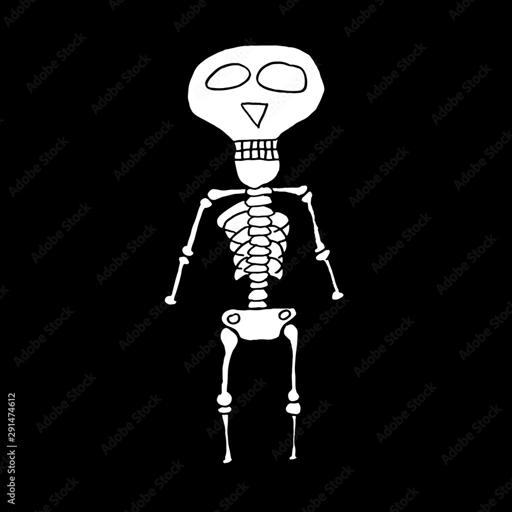 Funny cartoon hand drawn skeleton illustration. Doodle vector skeleton ...