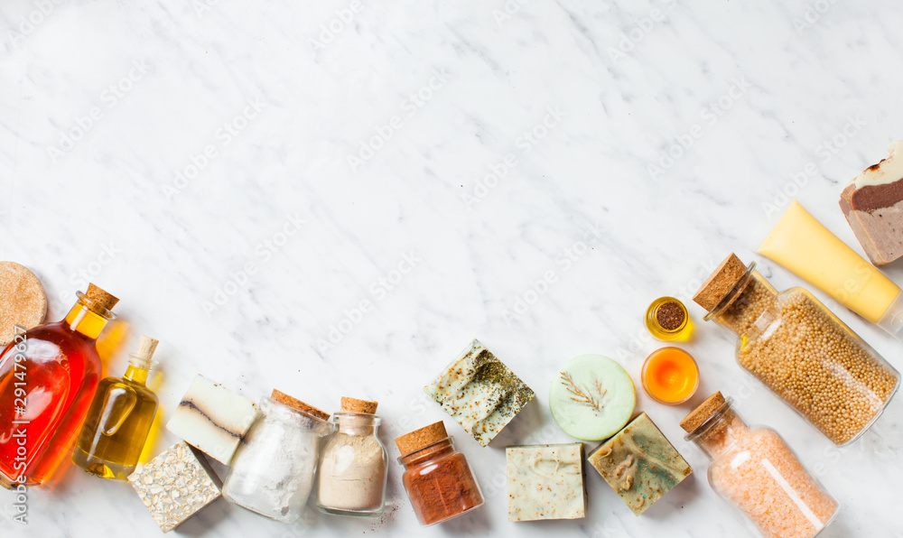 Border design with copy space on white marble, homemade cosmetics Stock ...