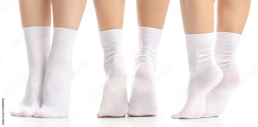 Set female legs in white socks on white background isolation Stock ...