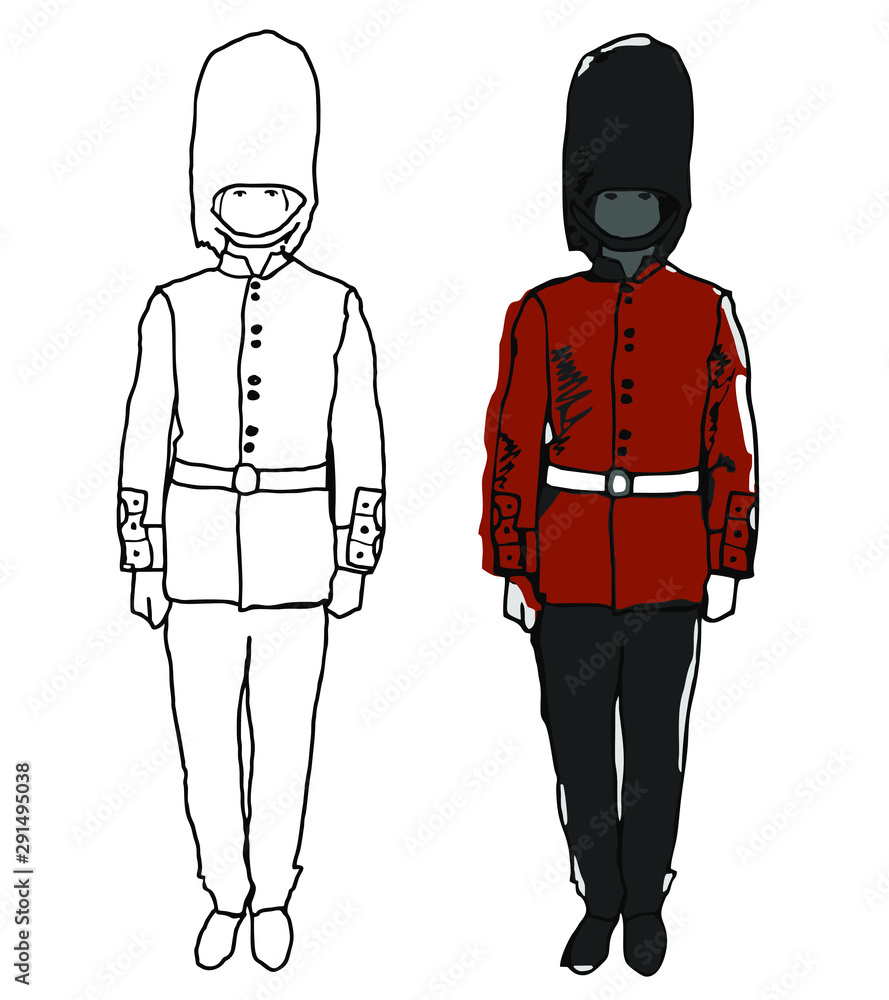 The drawing of a soldier of the British royal guard in a red uniform ...