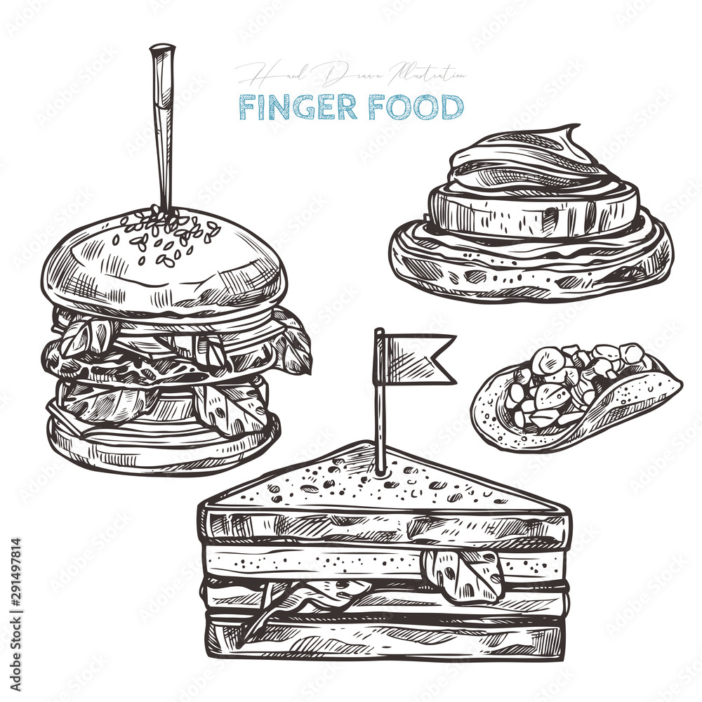 Canapes finger food. Vector sketch hand drawn illustration of mini ...