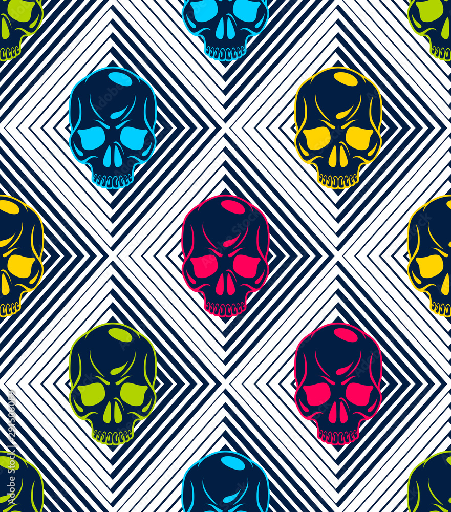 Vecteur Stock Seamless skulls background, vector pattern with crazy ...