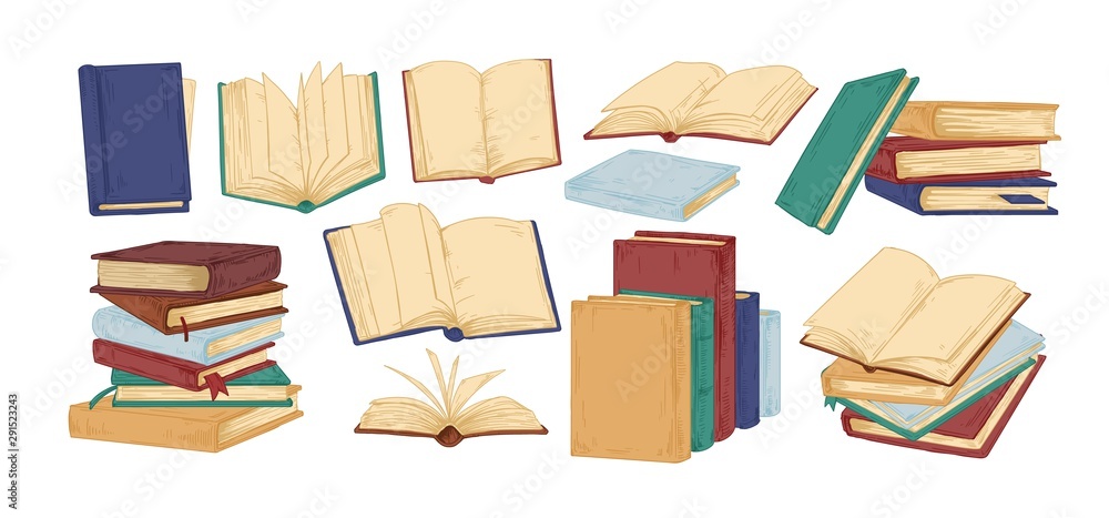 Books hand drawn vector illustrations set. Blank textbooks, hardbacks ...