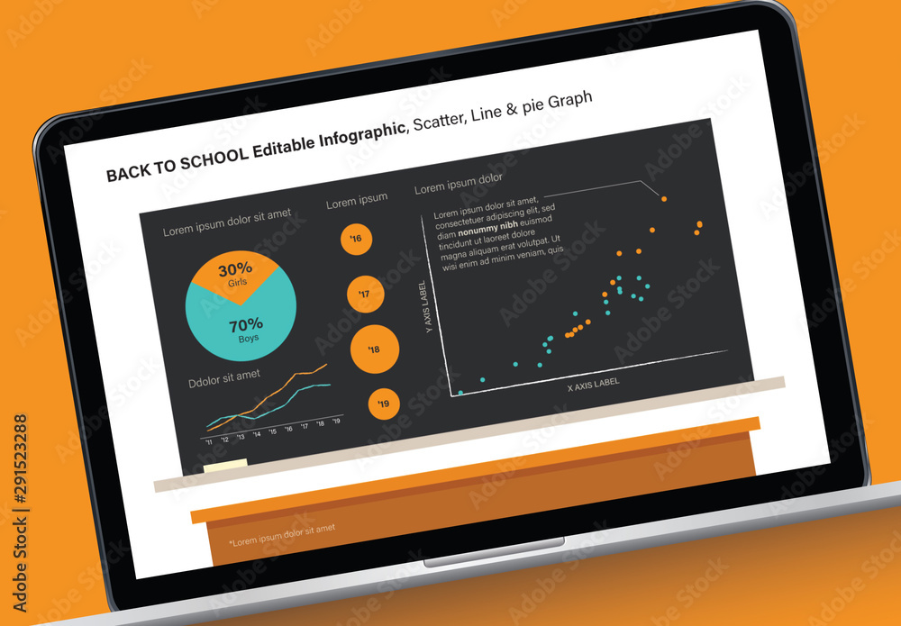 School Themed Infographic with Scatter, Line, and Pie Graphs Stock ...