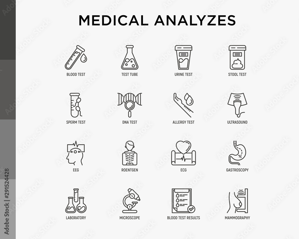 Medical analyzes thin line icons set: blood test, urine test, stool ...
