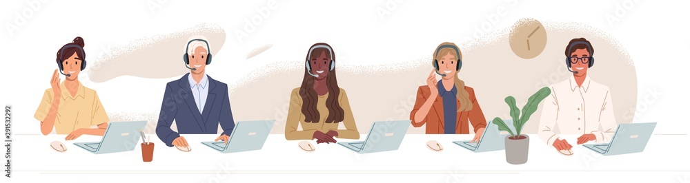 Call center, hotline flat vector illustrations. Smiling office workers ...