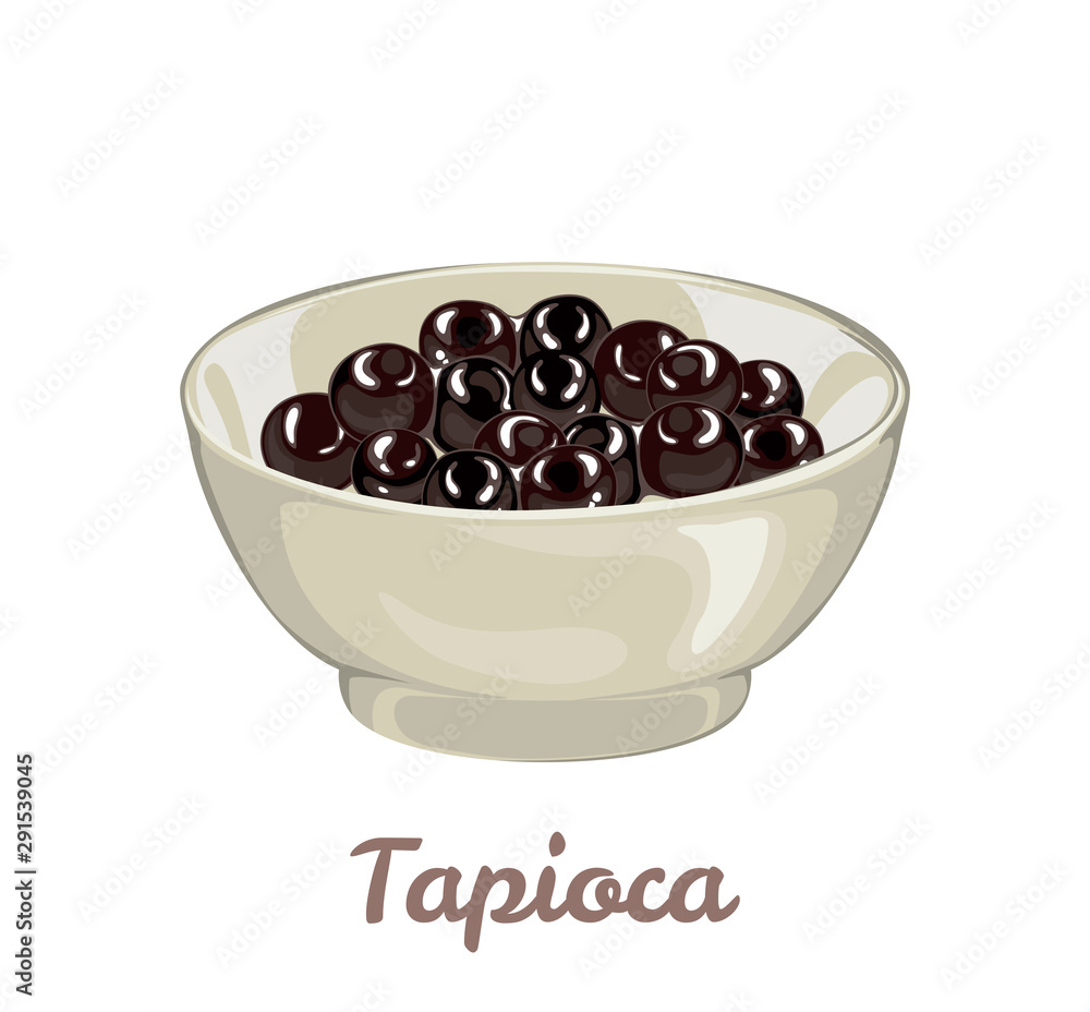 Tapioca black pearls for bubble tea in bowl isolated on white ...