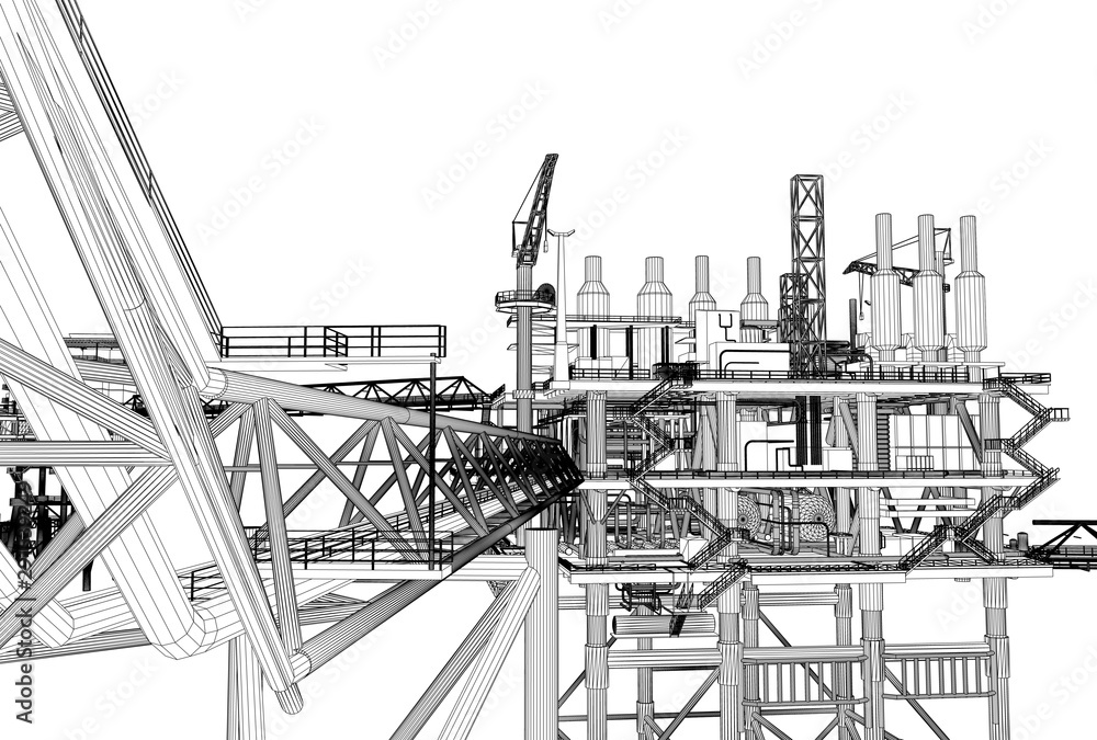 3D rendering , Wireframe drawing perspective oil rig construction plant ...