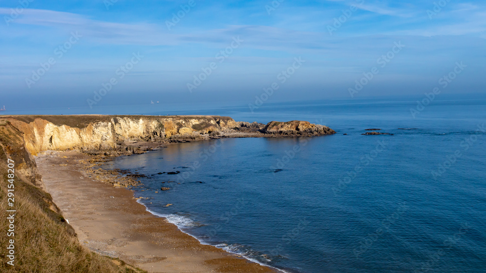 Marsden Bay in South Shields, England UK. View from the Leas cliff tops ...