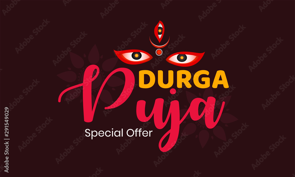 Typography text on indian festival of durga puja with maa durga eyes ...