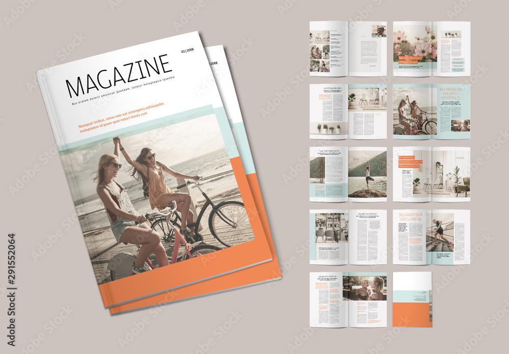 Magazine Layout with Teal and Orange Accents Stock Template | Adobe Stock