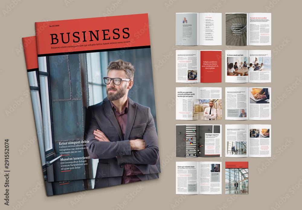 Magazine Layout with Red Accents Stock Template | Adobe Stock