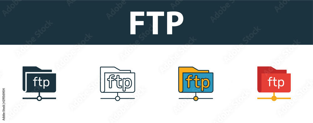 Ftp icon set. Four simple symbols in diferent styles from web hosting icons collection. Creative ...