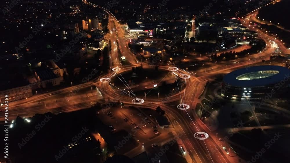 Self driving cars on highway roundabout, aerial view. AI controlled ...