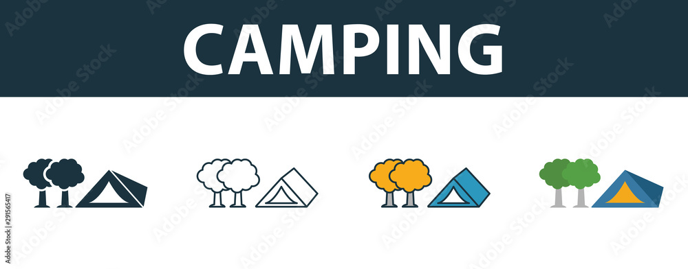 Camping icon set. Four simple symbols in diferent styles from tourism ...