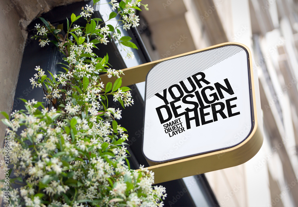 Outdoor Sign and Flowers Mockup Stock Template | Adobe Stock