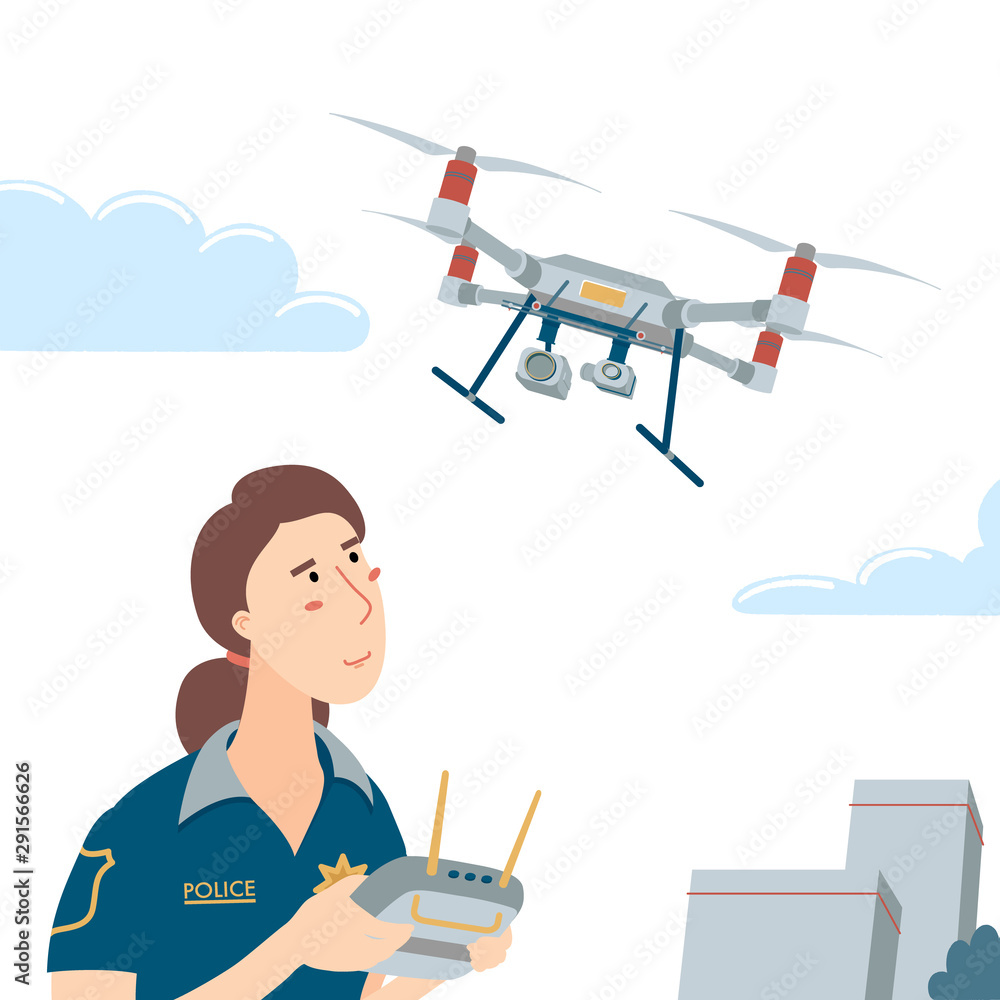 Police officer, policewoman operating a flying drone with remote ...