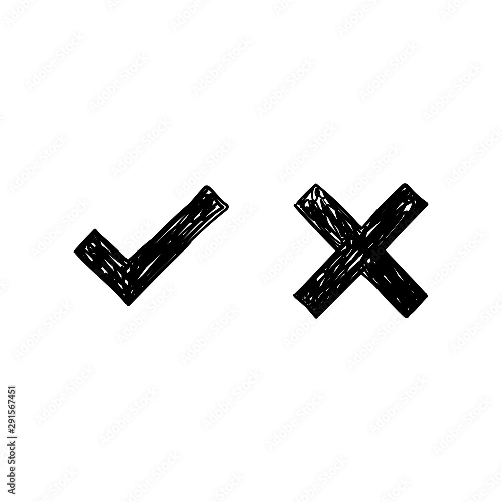 Hand drawn check mark icons. Tick and x cross doodles Stock Vector ...
