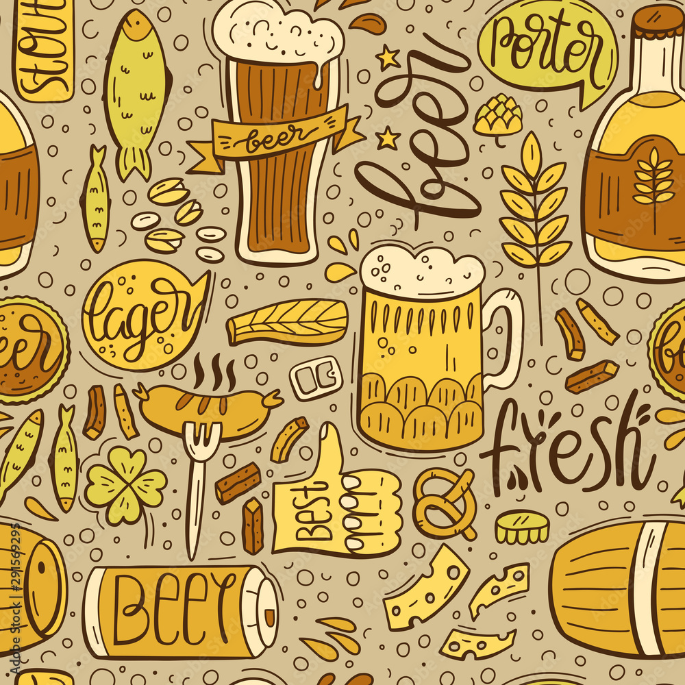Seamless pattern with beer and hand-drawn lettering. Beer and Snack ...