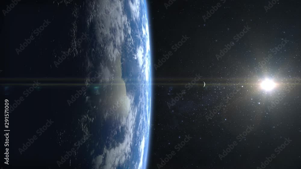 View of Earth and moon from space. Stars twinkle. Flight over the Earth ...