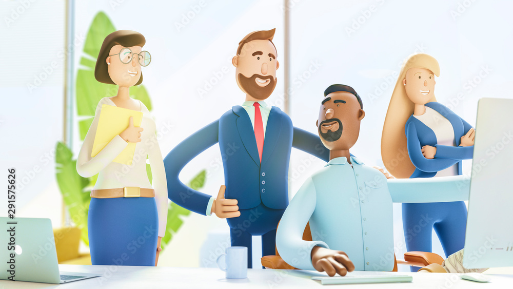 A team of employees works on the computer. Modern office. 3d ...