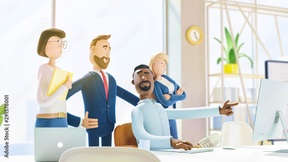 A team of employees works on the computer. Modern office. 3d ...