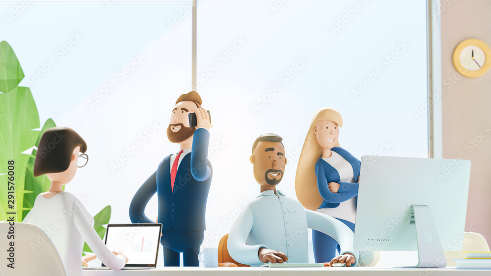 Concept of creative team. Modern office. 3d illustration. Cartoon ...