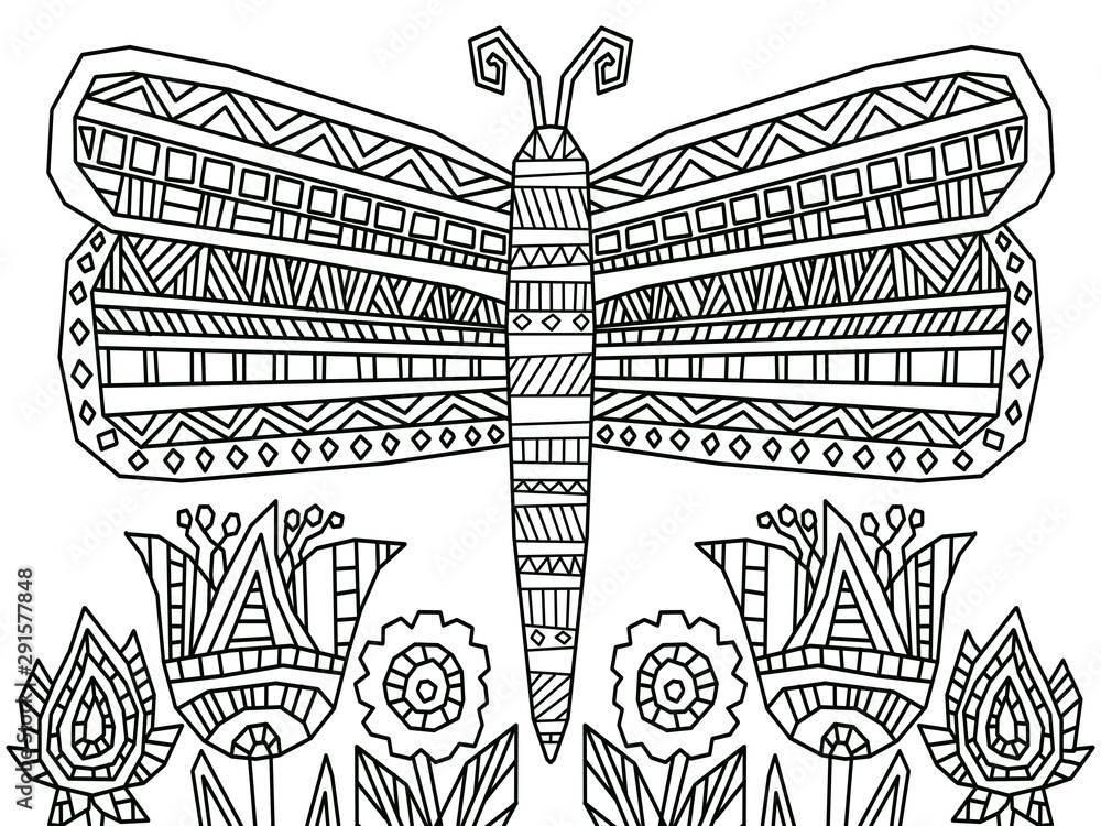 Dragonfly and flowers coloring book page. Zentangle simple floral ...