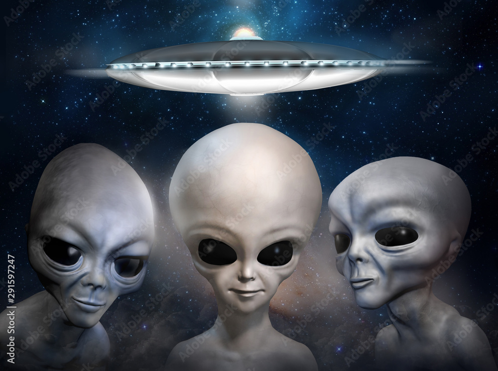 Three different grey aliens on the background of cosmic sky and flying ...