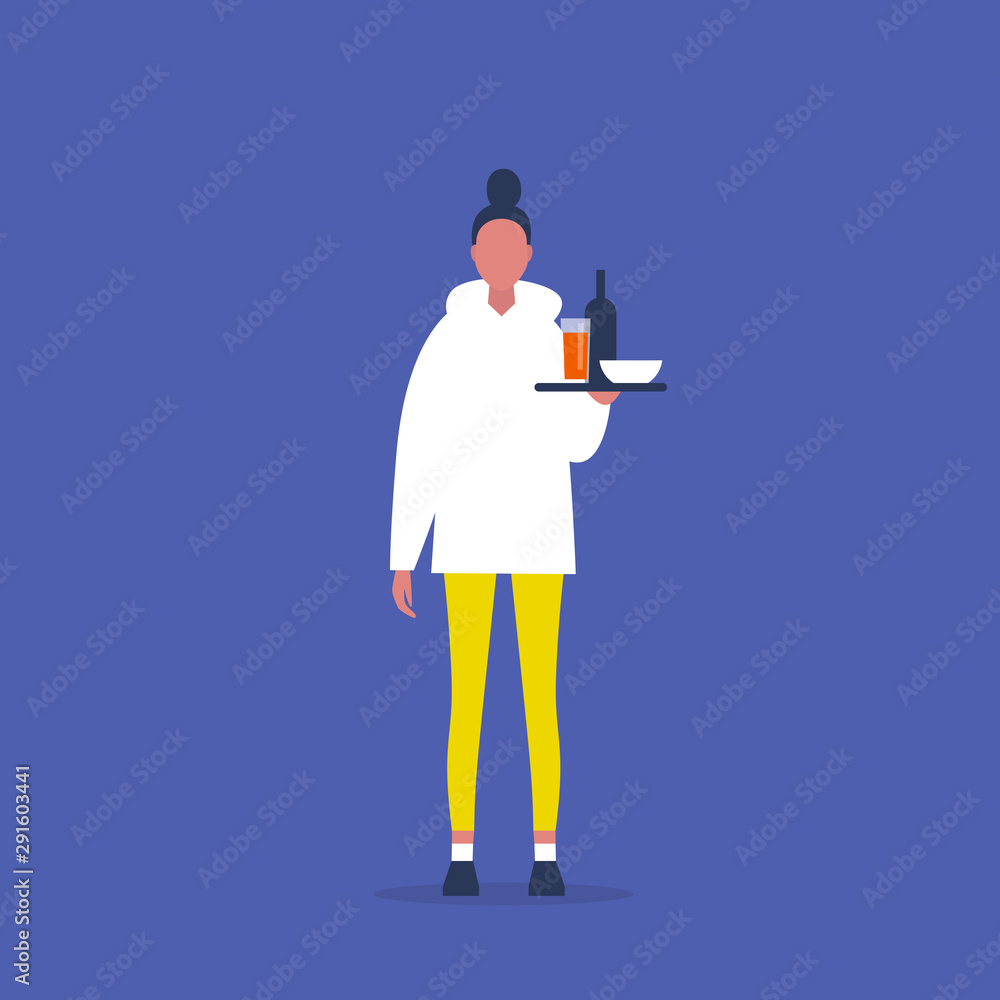 Young female waiter holding a tray with dishes. Restaurant service ...