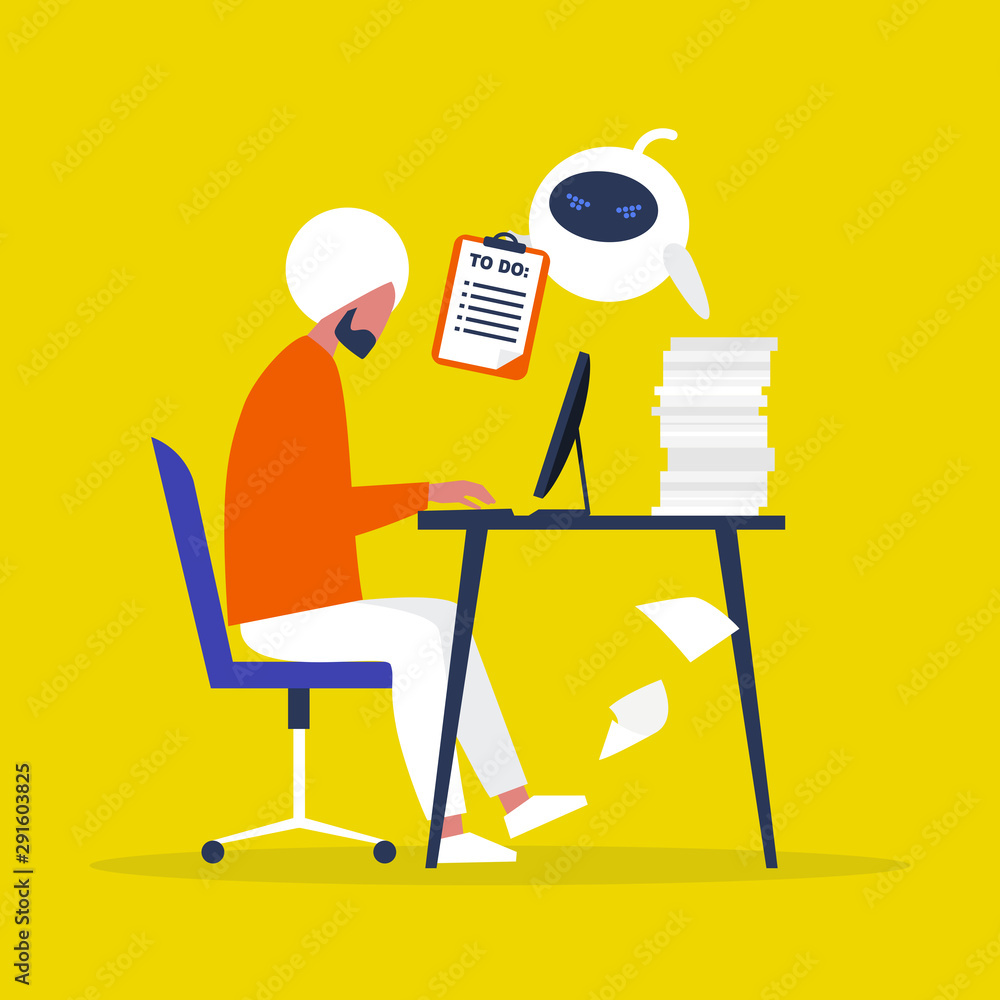 Exploiter. Angry robot showing a to do list to a tired employee ...