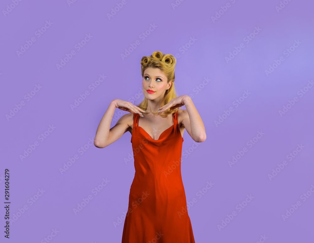 Smiling woman with clean skin, bright makeup. Retro fashion. Vintage ...