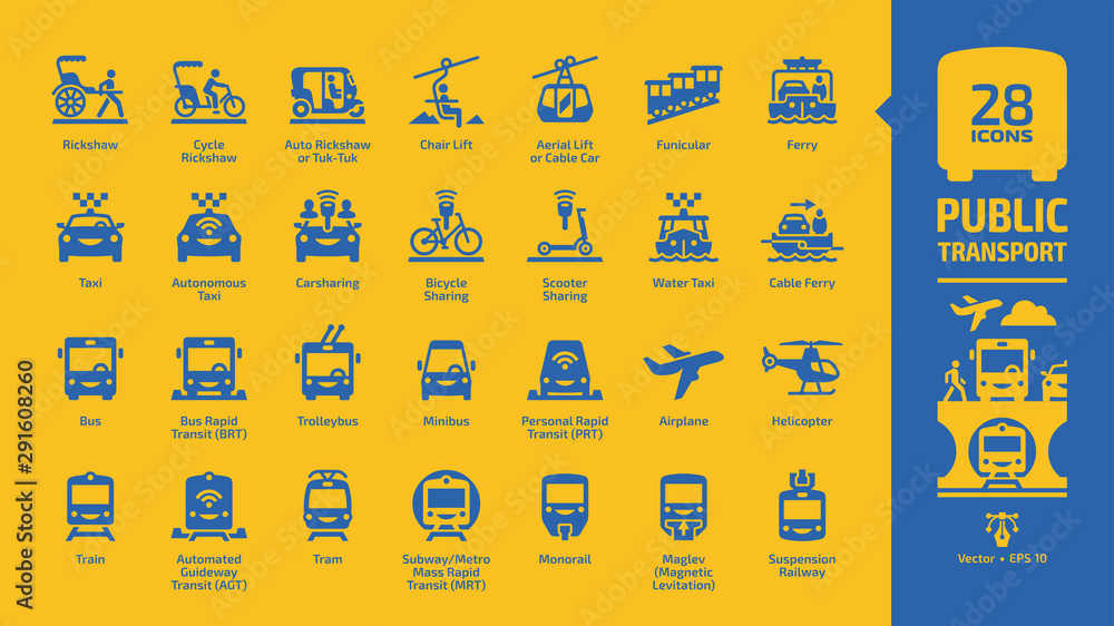 Public transport blue icon set on a yellow background with urban, inter ...