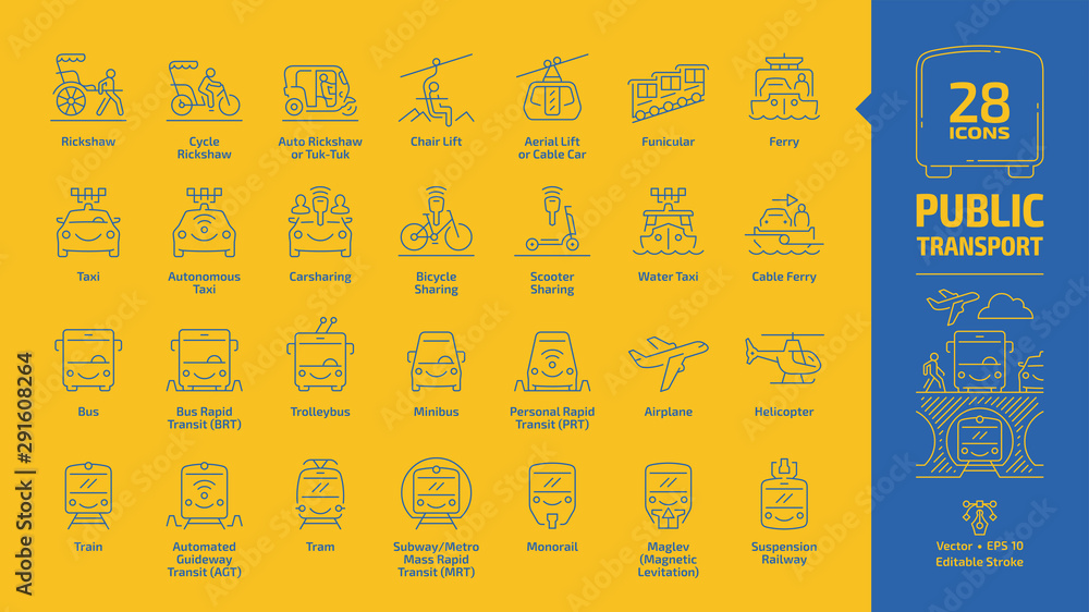 Public transport outline icon set on a yellow background with urban ...