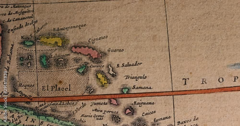 Antique Map Of The Early Bahama Islands With A Galleon Ship ...