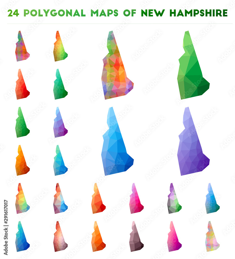 Set of vector polygonal maps of New Hampshire. Bright gradient map of ...