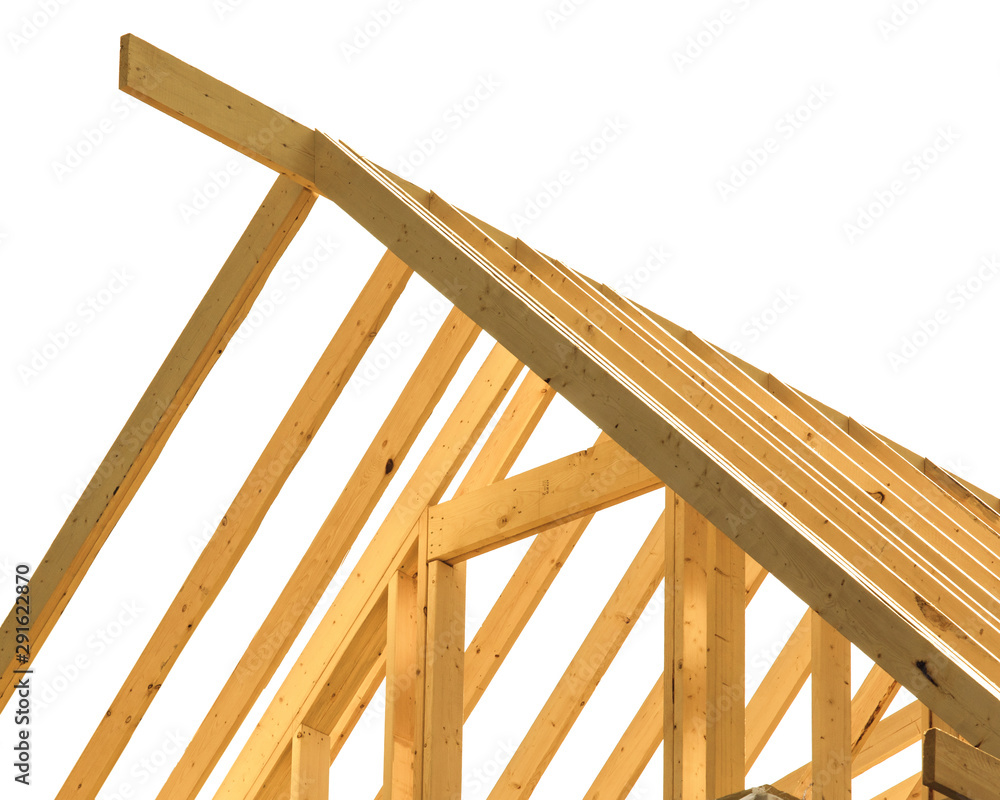 Rafters and joists in a new home frame construction isolated on white ...