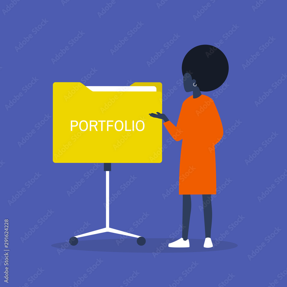 Young black female character presenting her experience at work Stock ...