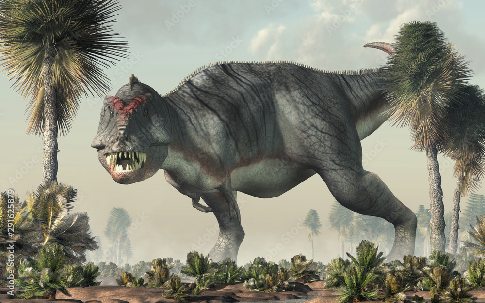 A gray tyrannosaurus rex stands in a prehistoric wetland. The most ...