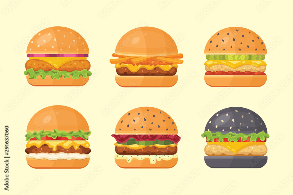 Set of classic burgers with flying ingredients. Vector hamburger icons ...
