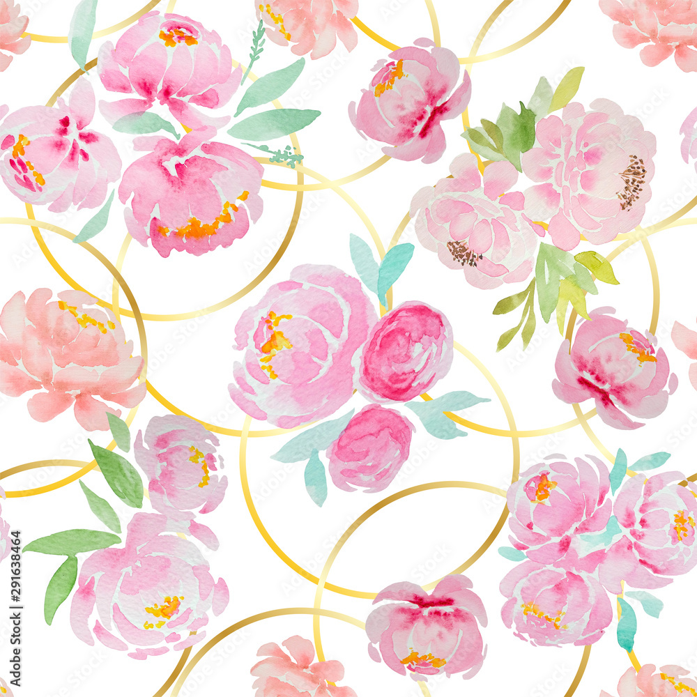 Seamless pattern of watercolor hand drawn pink peonies and roses with ...