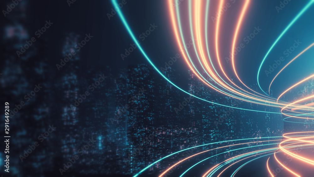 3D Rendering of abstract highway path through digital binary towers in ...