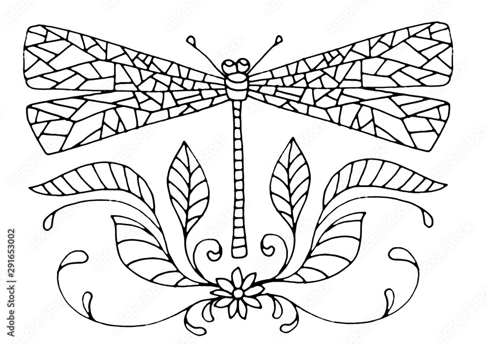 Dragonfly in flowers coloring page. Hand drawing coloring book for ...