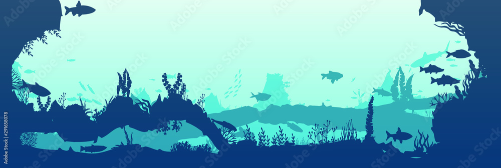 Silhouette of fish and algae on the background of reefs. Underwater ...